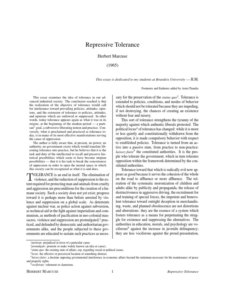 Herbert Marcuse - Repressive Tolerance (1965) | PDF | Toleration | Liberty