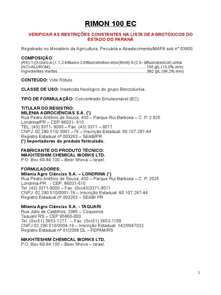 Rimon 100 Ec - Nova Lurom | PDF | Embalagem e rotulagem | Inseticida