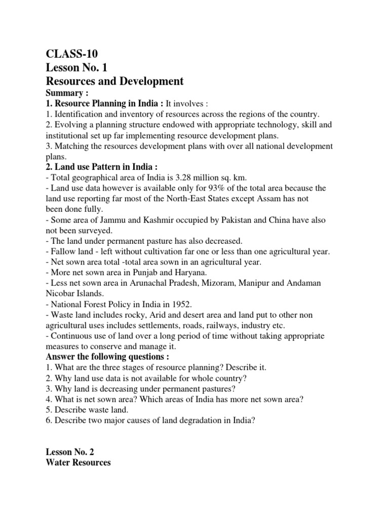 CLASS-10 Lesson No. 1 Resources and Development: Summary: 1. Resource ...