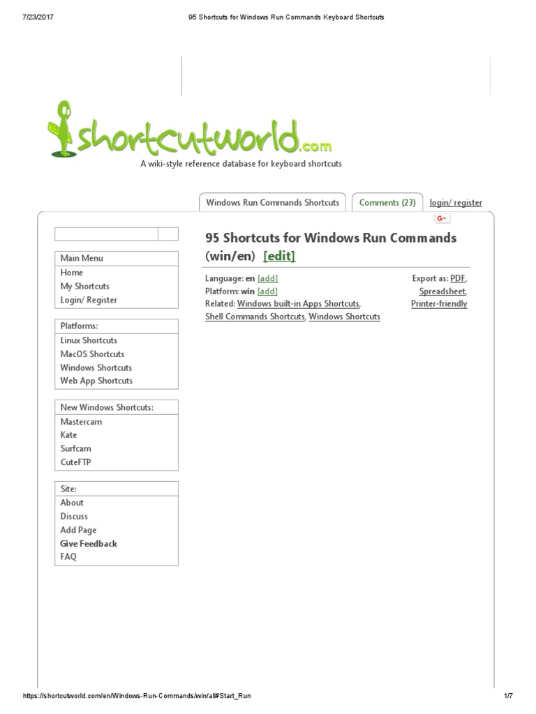 95 Shortcuts For Windows Run Commands Keyboard Shortcuts | PDF ...