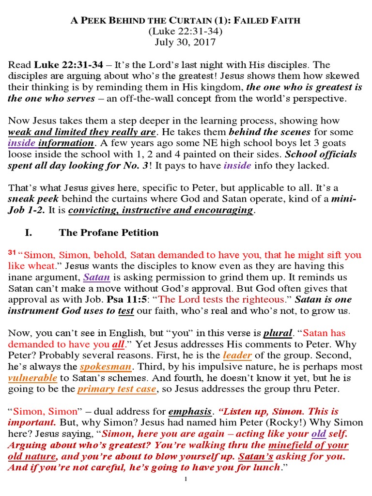 Luke 22-31-34 A Peek Behind The Curtain (1) - Failed Faith | PDF ...