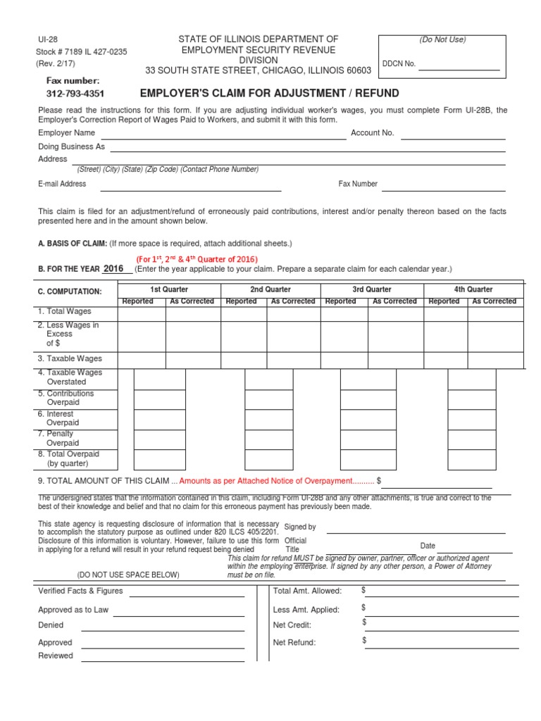 UI-28 - Illinios Refund Form - 2016 | PDF | Wage | Discovery (Law)