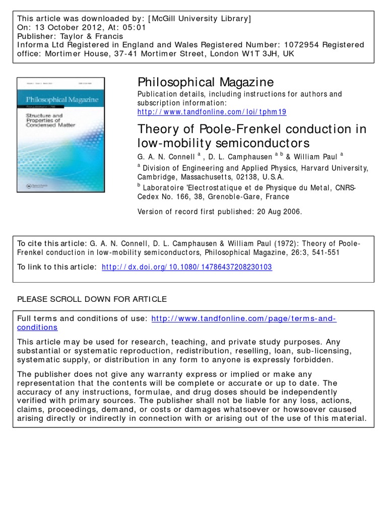 Theory of Poole-Frenkel Conduction in - Connell1972 | PDF | Electrical ...