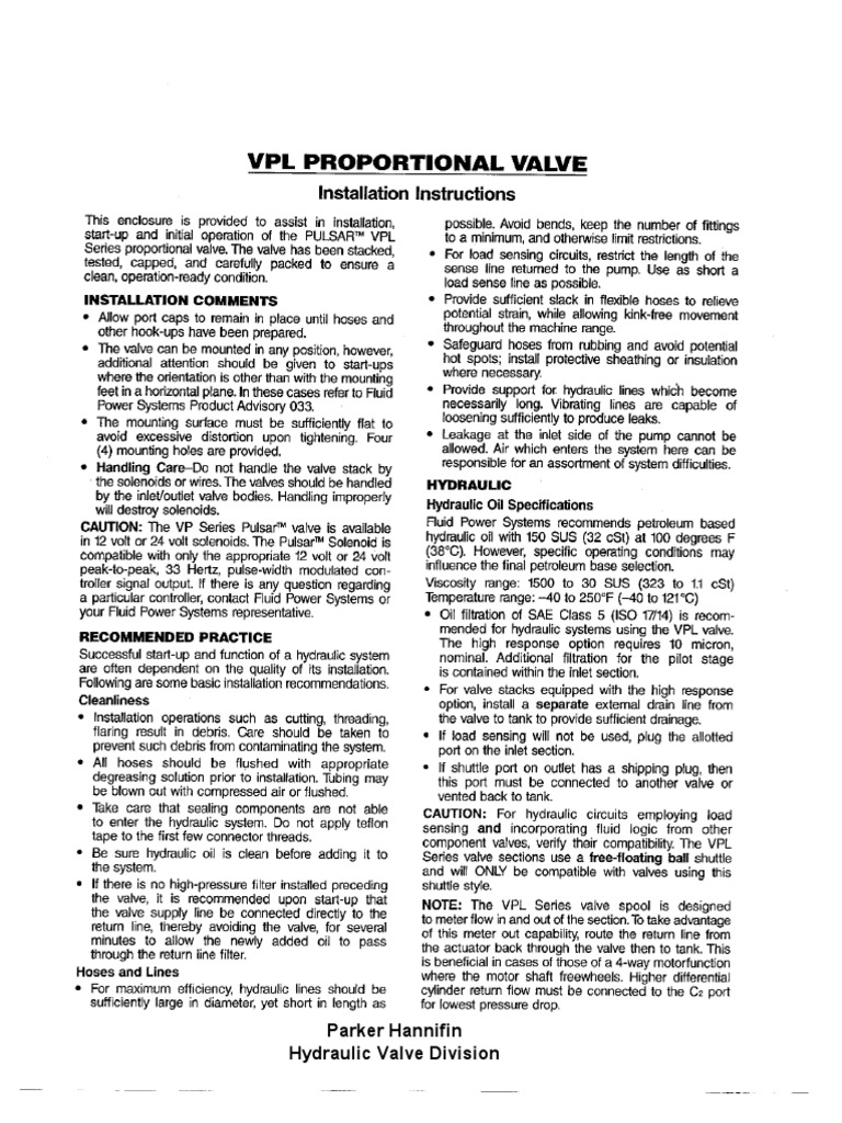Parker Valve Mobile Pulsar VPL Installation Instructions | PDF