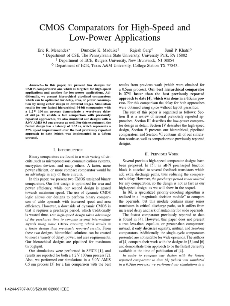 CMOS Comparators For High-Speed and Low-Power Applications: Abstract - in This Paper, We Present ...