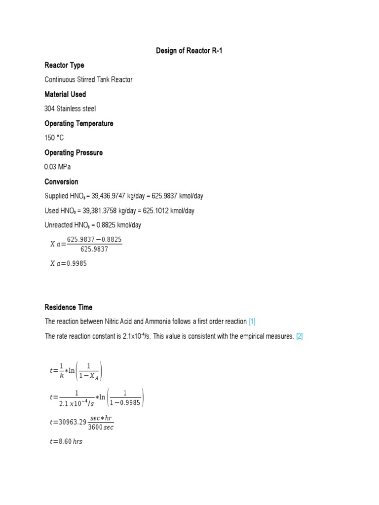 Design of Reactor 1 | PDF | Flow Measurement | Chemical Engineering