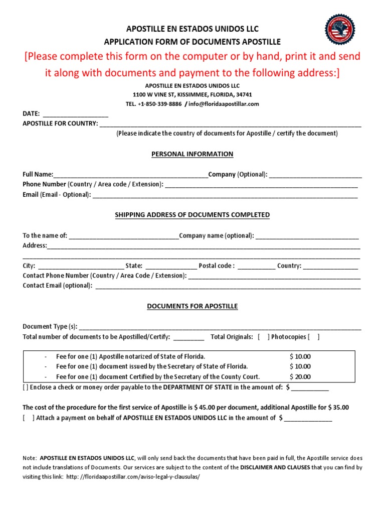 English Form Apostille en Estados Unidos LLC | PDF | Notary Public ...