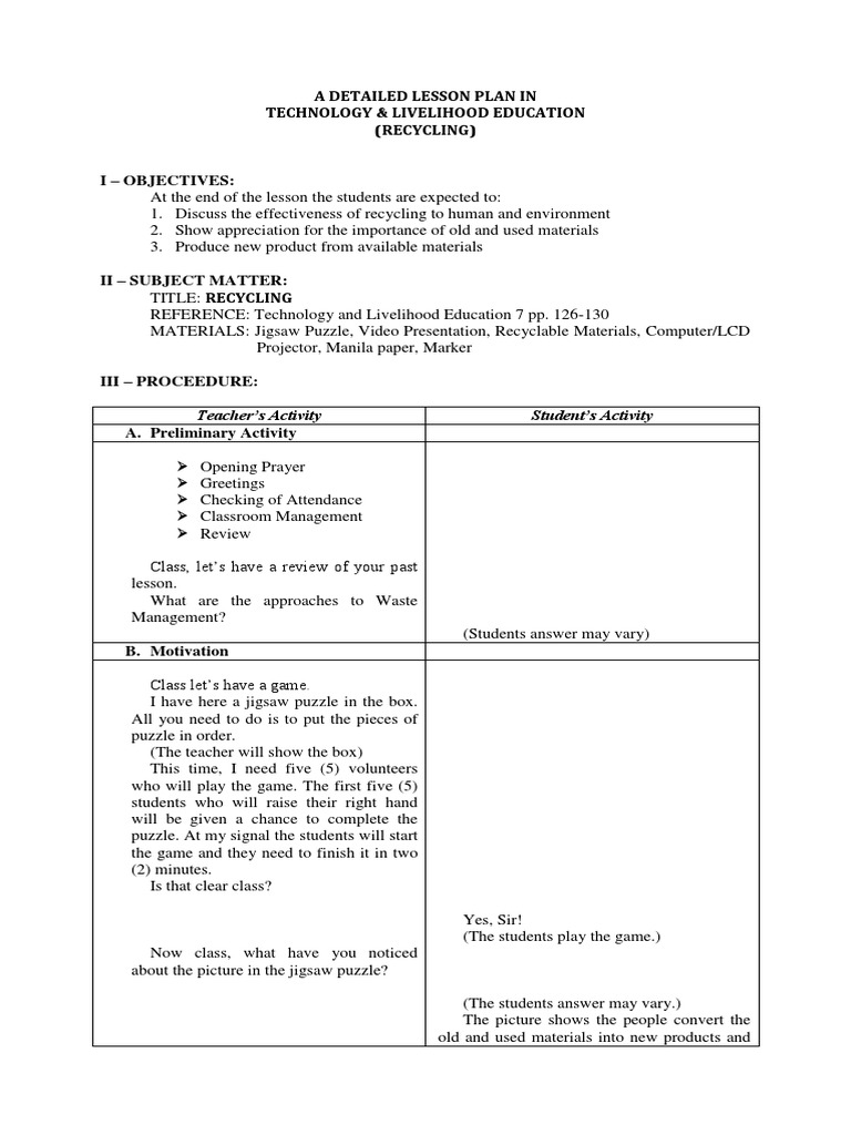 Grade 6 Recycling Lesson Plan | PDF | Recycling | Lesson Plan