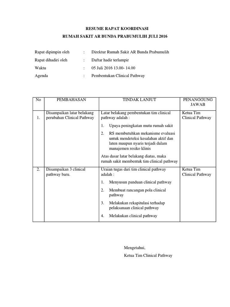 Resume Rapat Koordinasi Clinical Pathway | PDF