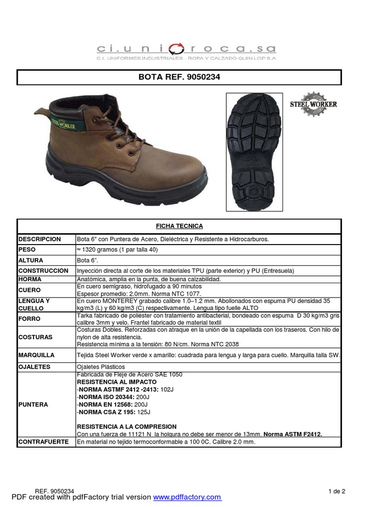 Ficha Tecnica Bota Dielectrica Hidroca Panamá | Sustancias químicas | Química