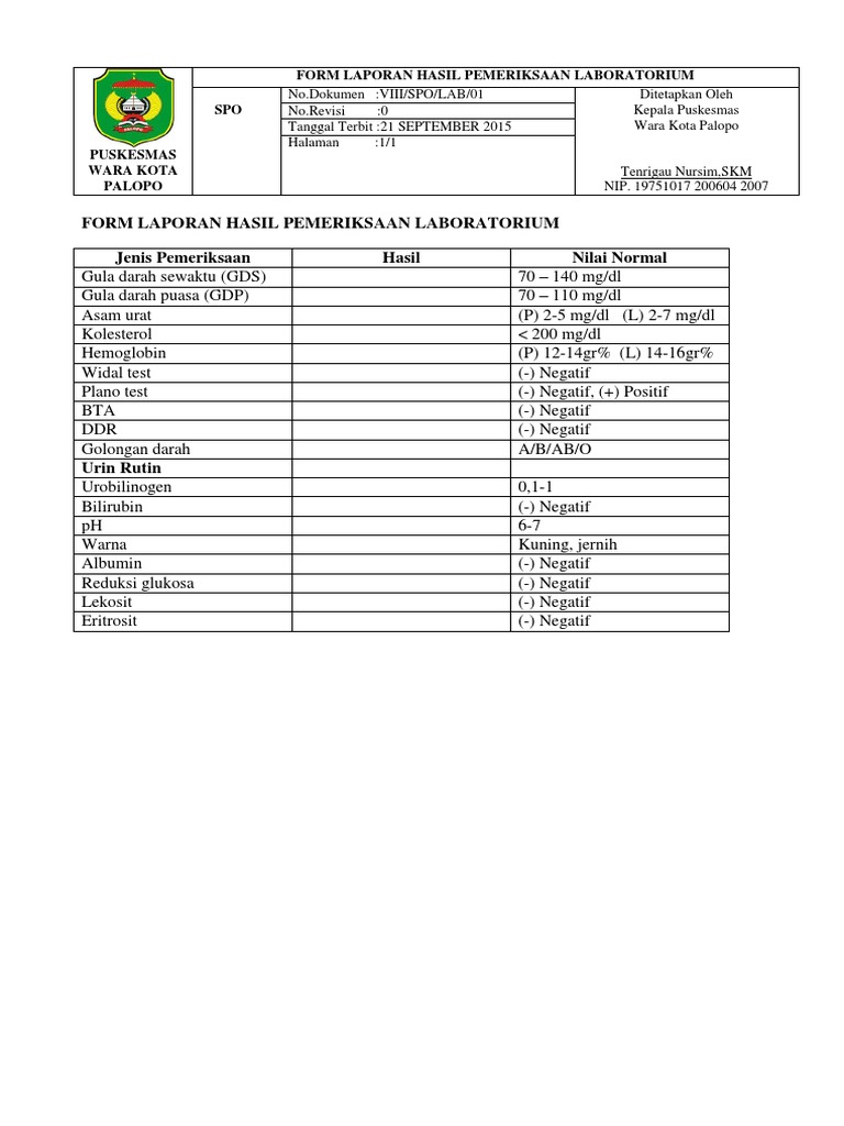 Form Hasil Pemeriksaan Laboratorium | PDF