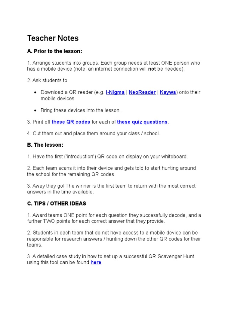 Teacher Notes: A. Prior To The Lesson | PDF