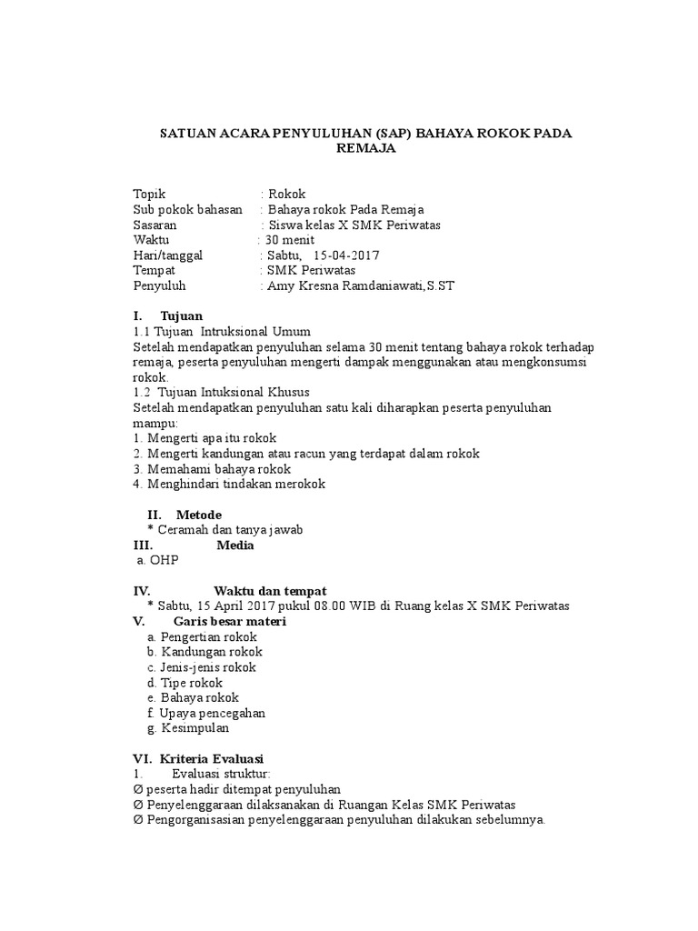 SATUAN ACARA PENYULUHAN Bahaya Rokok Pada Remaja | PDF