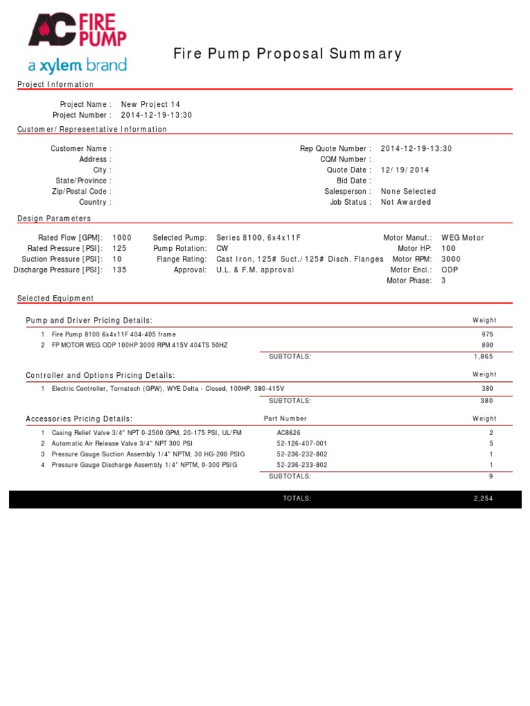 Fire Pump Proposal Summary: Weight | PDF | Pump | Hydraulic Engineering