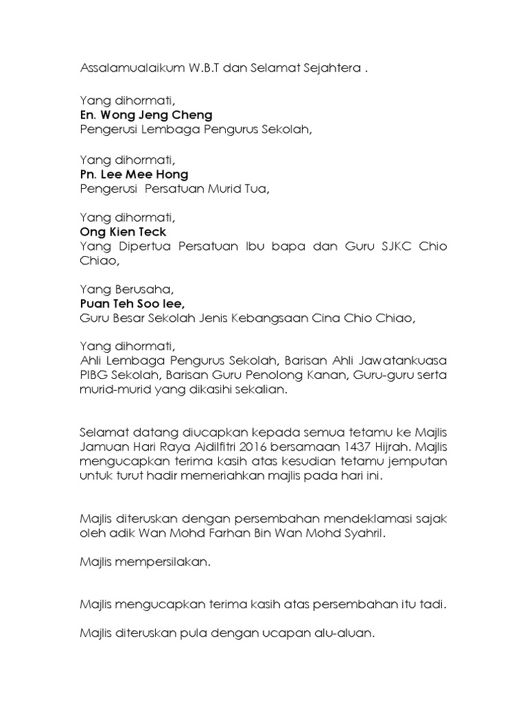 Teks MC Majlis Sambutan Hari Raya AidilFitri | PDF