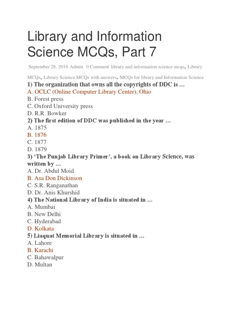 Library and Information Science MCQs | PDF | Cataloging | Libraries