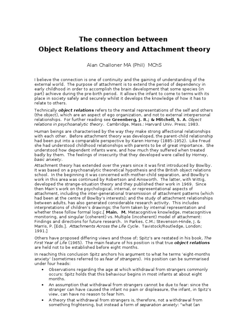Connection Between Object Relations Theory and Attachment Theory | PDF ...