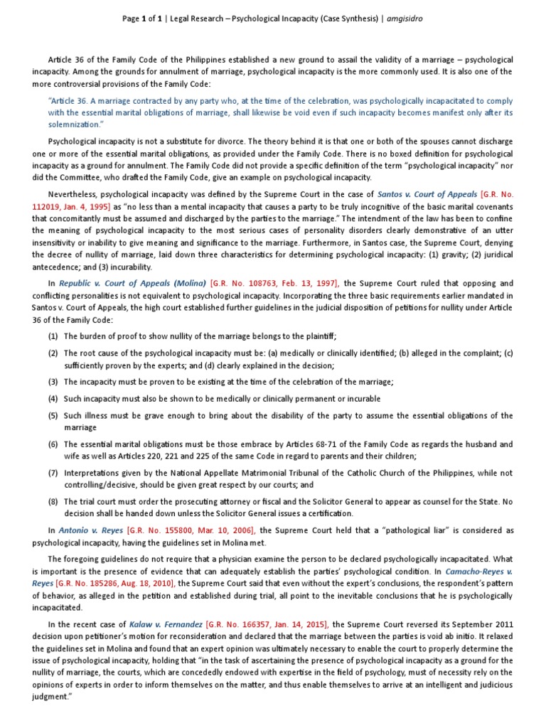 Case Synthesis - Psychological Incapacity | PDF | Annulment | Marriage