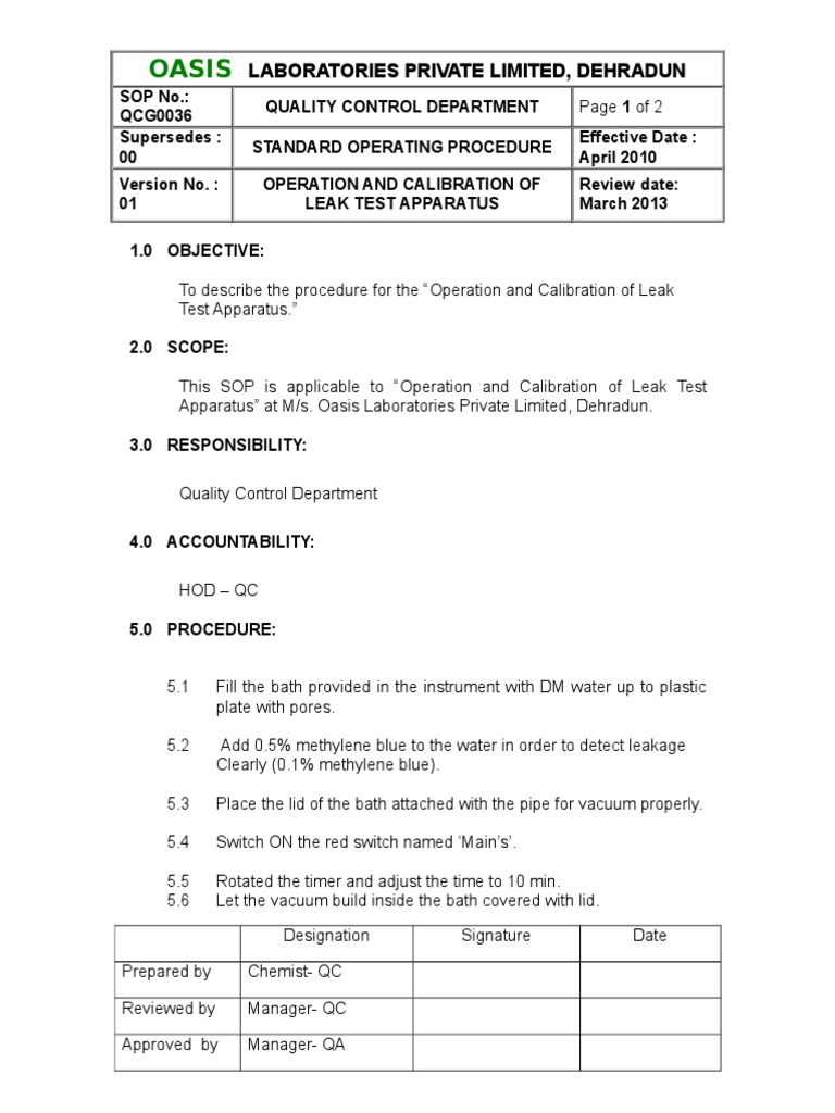 Leak Test Apparatus SOP and Calibration | PDF | Leak | Calibration
