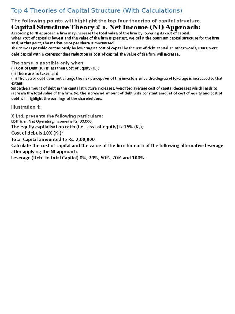 Top 4 Theories of Capital Structure | PDF | Capital Structure | Cost Of ...