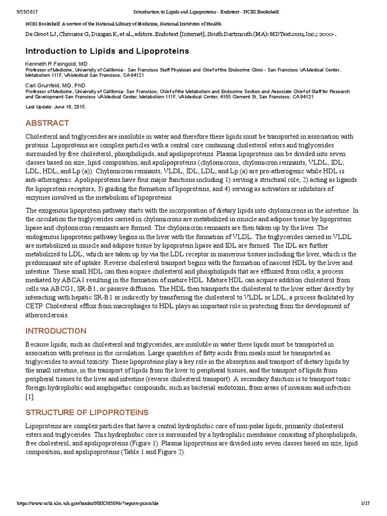 Introduction To Lipids and Lipoproteins - Endotext - NCBI Bookshelf | PDF | Lipoprotein | High ...