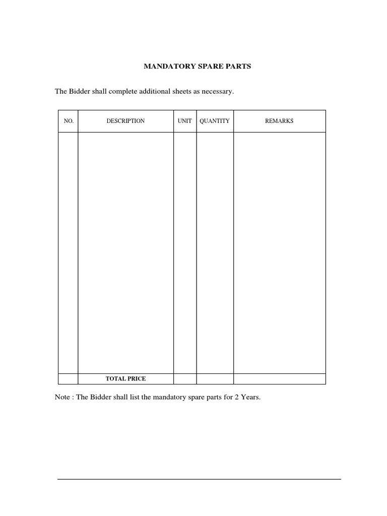 The Bidder Shall Complete Additional Sheets As Necessary.: Mandatory ...