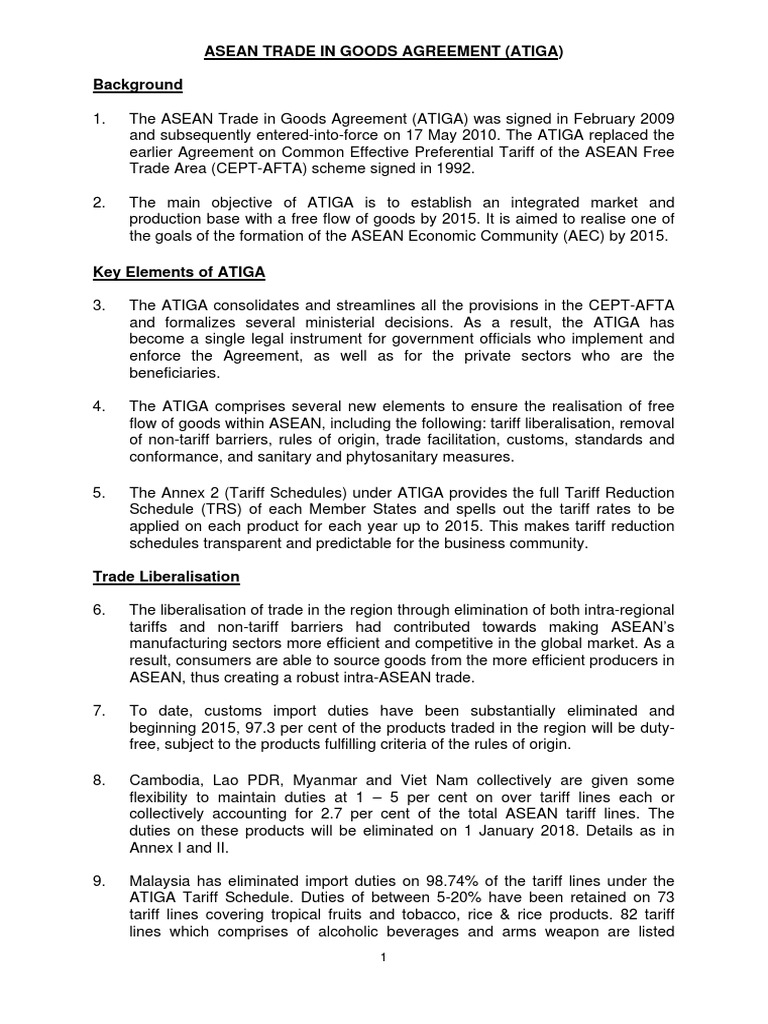 ASEAN Trade in Goods Agreement (ATIGA) | PDF | Association Of Southeast ...