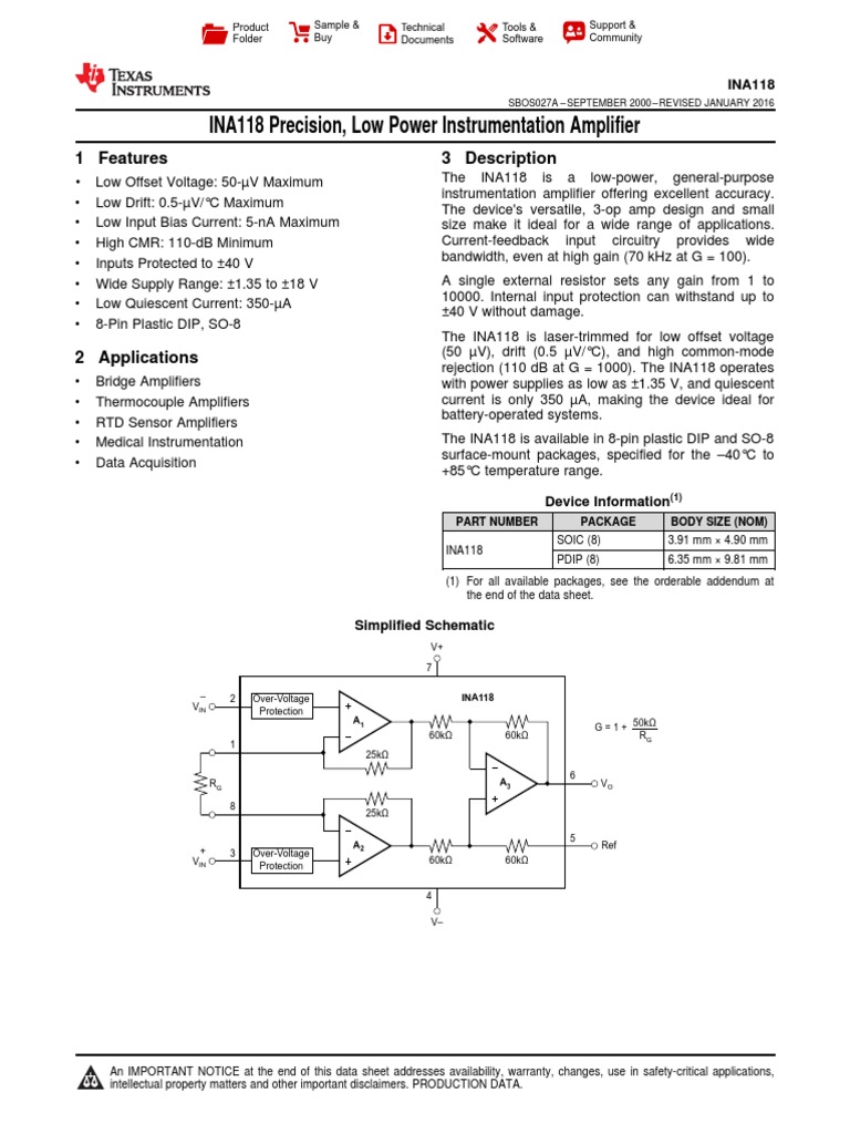 INA118 Precision, Low Power Instrumentation Amplifier: 1 Features 3 Description | PDF ...