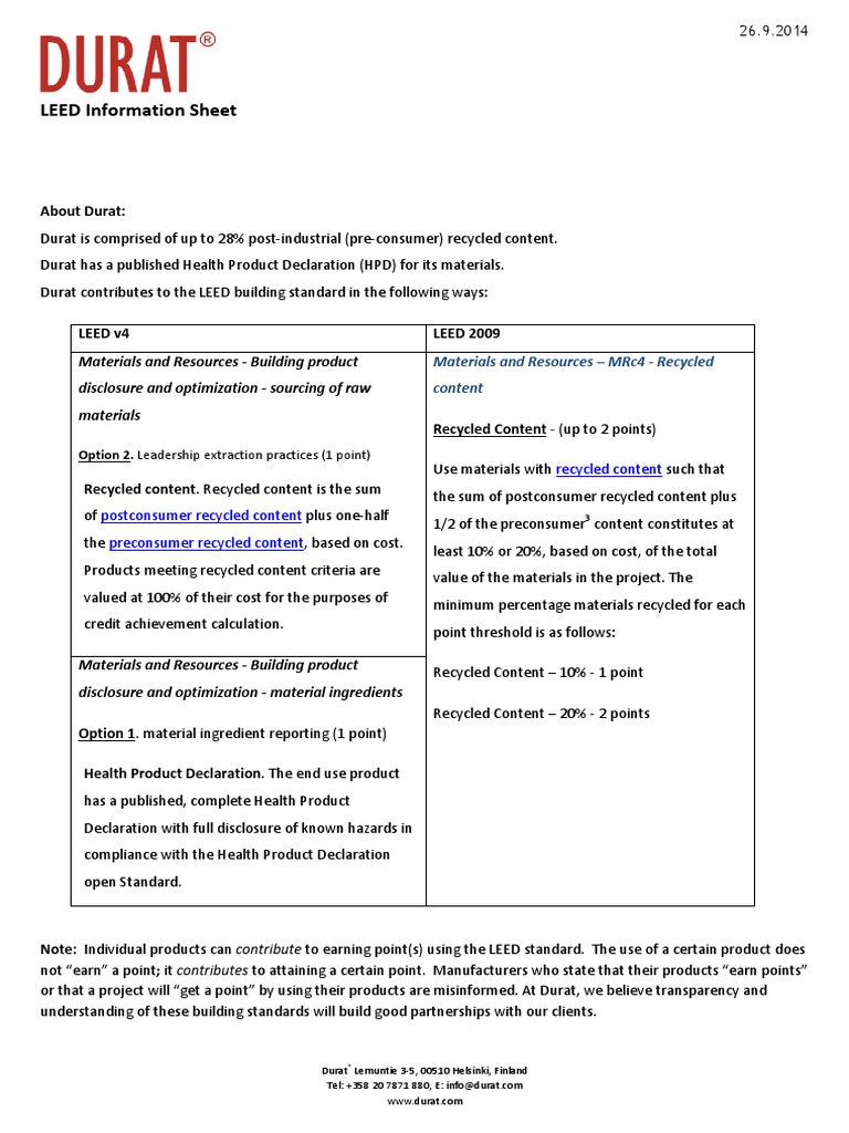 LEED Information Sheet Durat | PDF | Leadership In Energy And ...