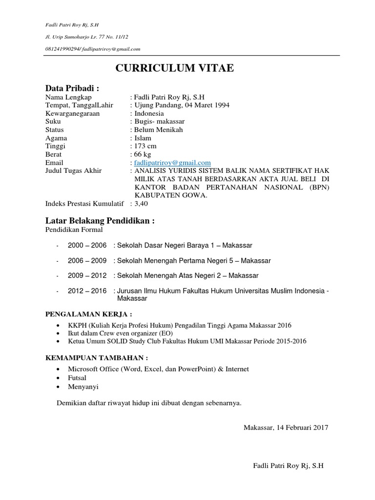 Curriculum Vitae Fadli Patri Roy Rj, S.H. | PDF | Olahraga & Rekreasi