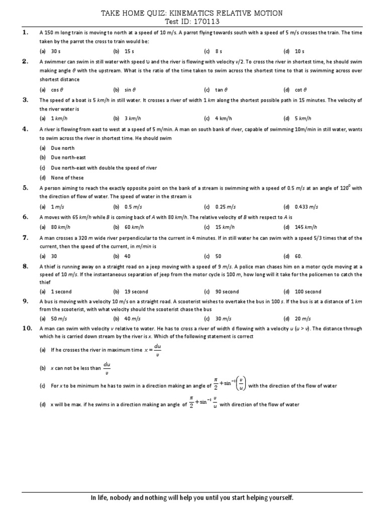 Kinematics Relative Motion Quiz | PDF | Speed | Kinematics