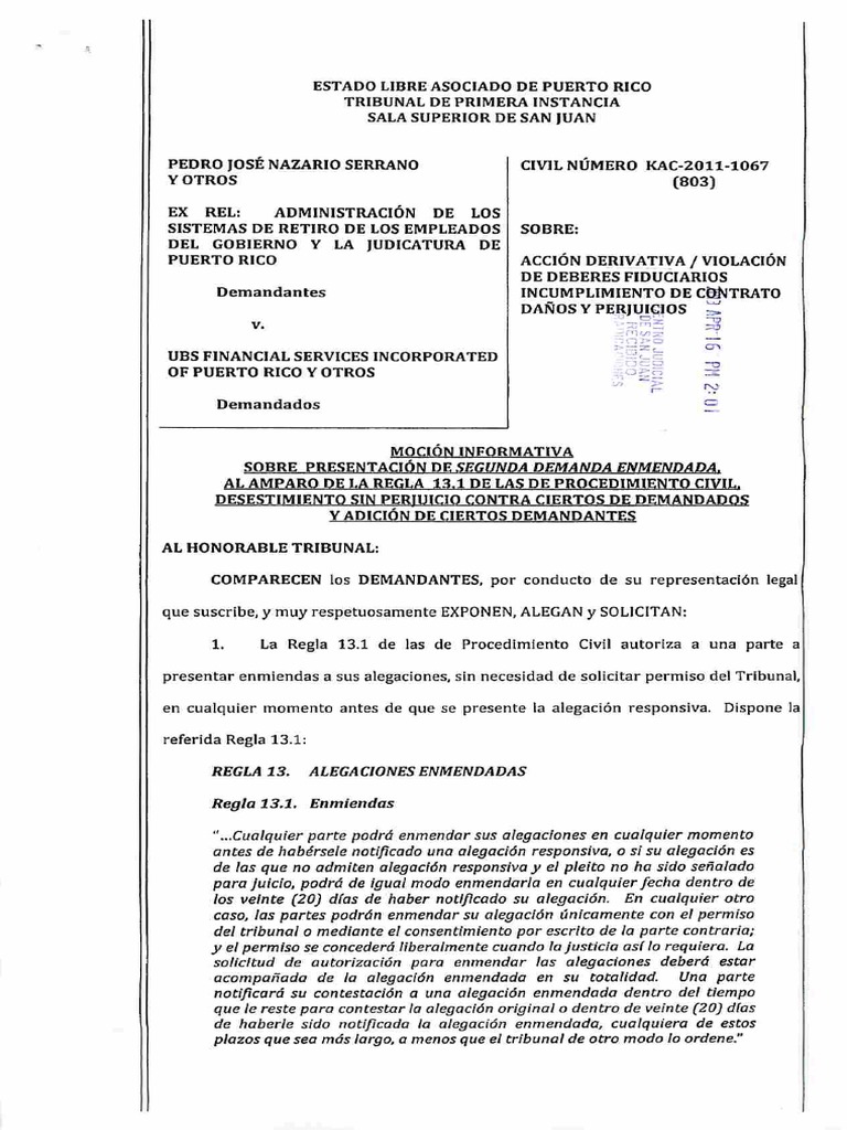 Moción Informativa Segunda Demanda Enmendada (Radicada) Contra UBS ...