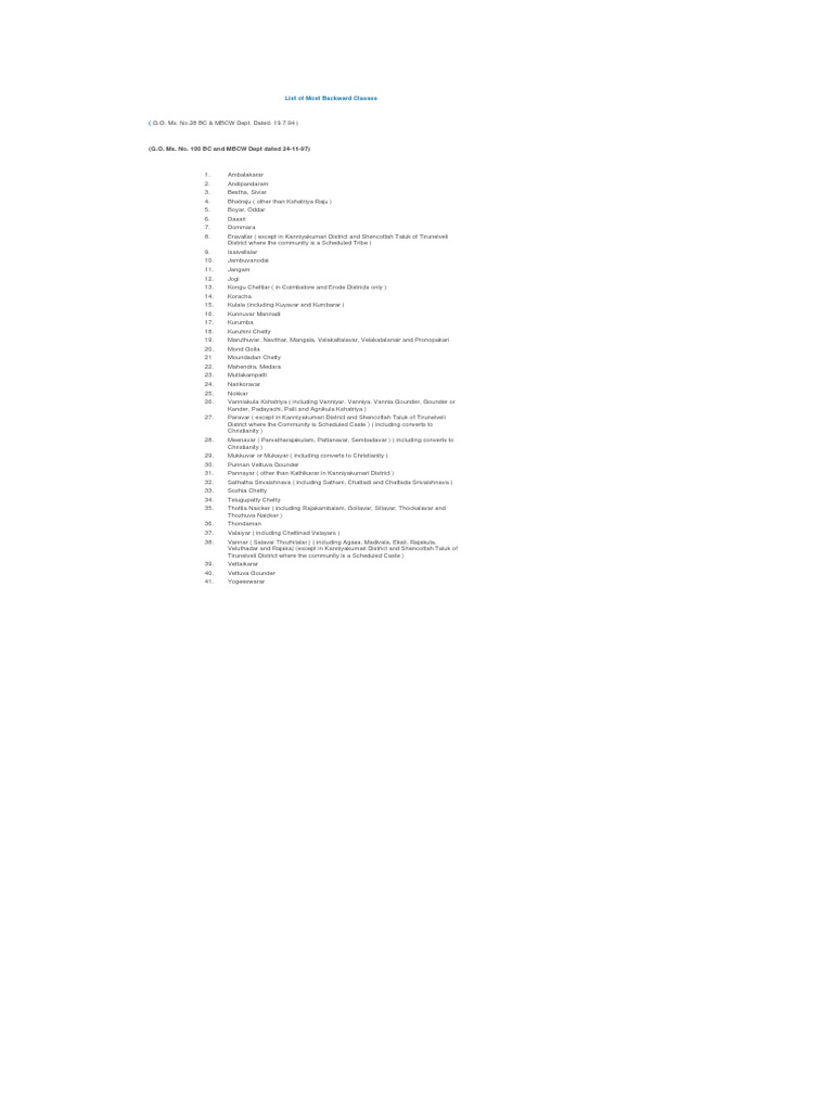 List of Most Backward Classes | PDF | Social Groups Of India ...