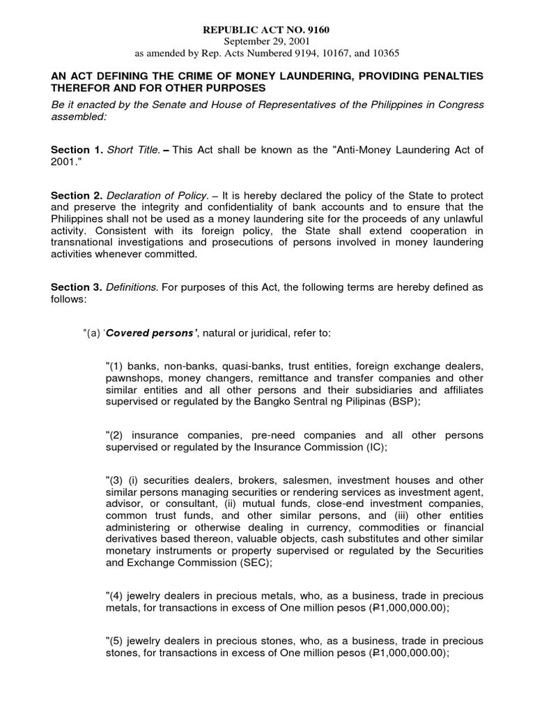 RA-9160-As-Amended-by-Ra-9194-Ra-10167-Ra-10365-Amla | Money Laundering ...