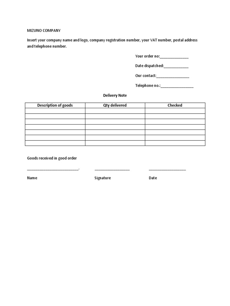 Delivery Note Description of Goods Qty Delivered Checked | PDF