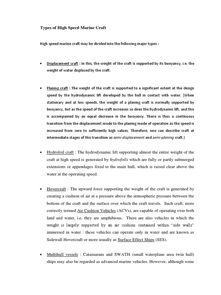 Types of High Speed Marine Craft | PDF | Hull (Watercraft) | Watercraft