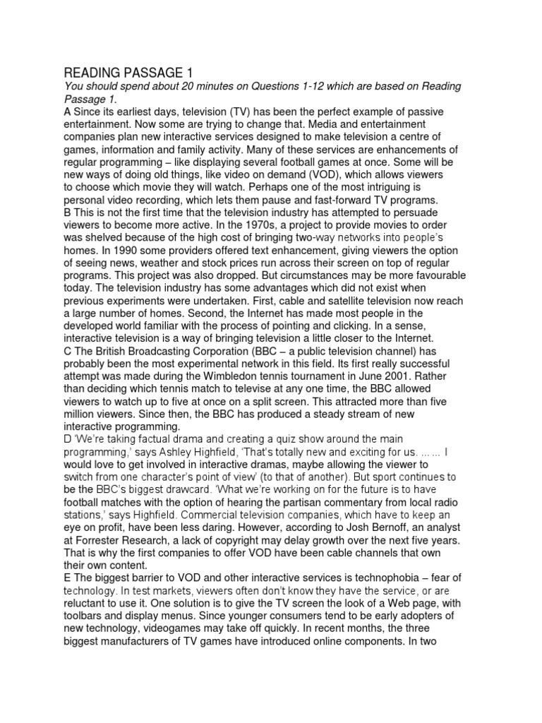 Reading Passage 1: You Should Spend About 20 Minutes On Questions 1-12 ...