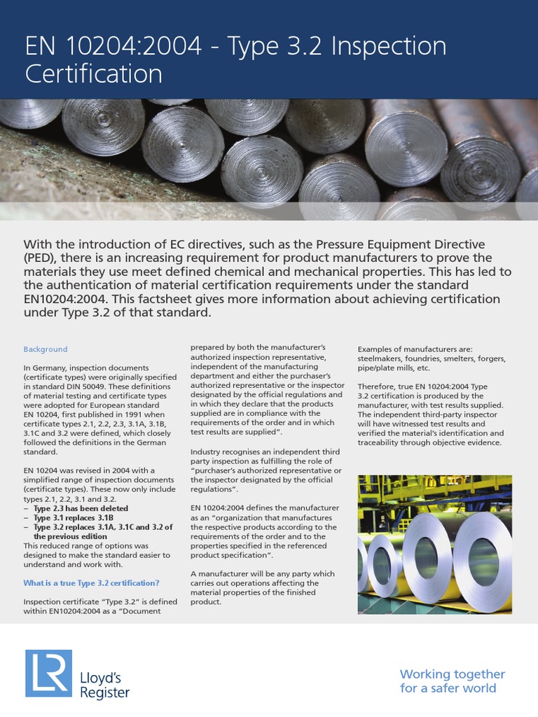 En 10204 2004 - Type 3.2 Inspection Certification by LR | PDF ...