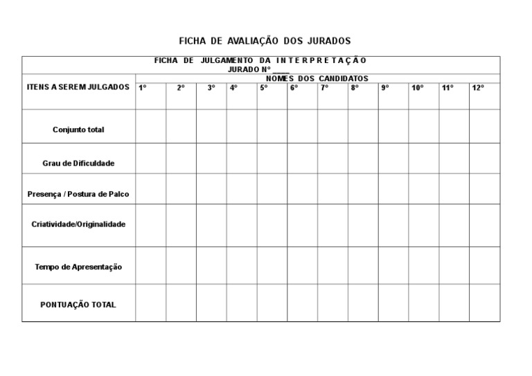 Ficha de Avaliacao Para Os Jurados Ficha de Avaliacao Para Os Jurados