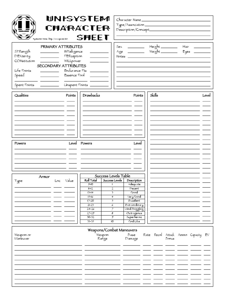 Unisystem Character Sheet: Primary Attributes | PDF | Gaming | Role ...