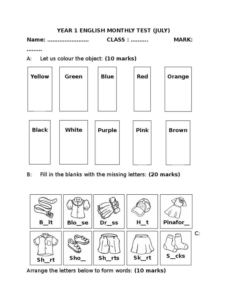 English Year1 Monthly Test July | PDF
