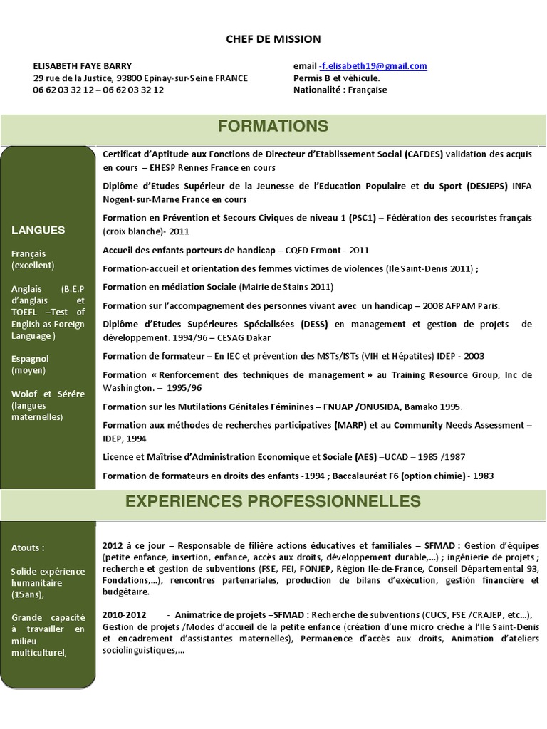 CV d'Elisabeth Faye Barry | PDF | Sénégal | Niger