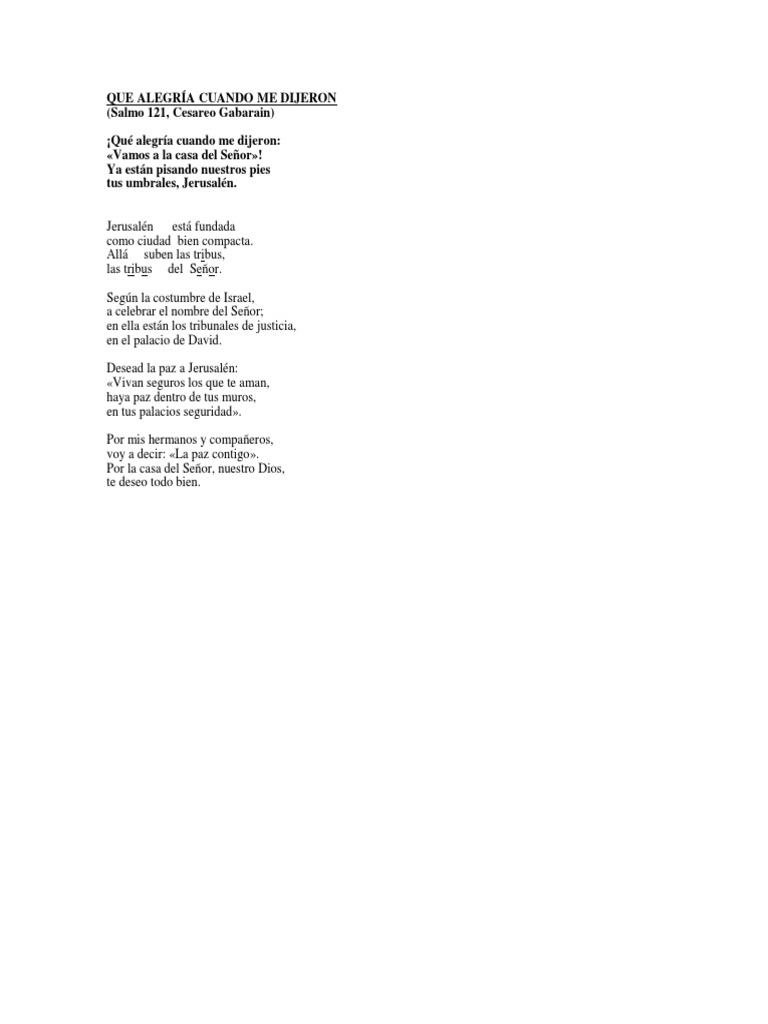 Salmo 121 Que Alegria Cuando Me Dijeron Canto | PDF Salmo 121 Que Alegria Cuando Me Dijeron Canto | PDF