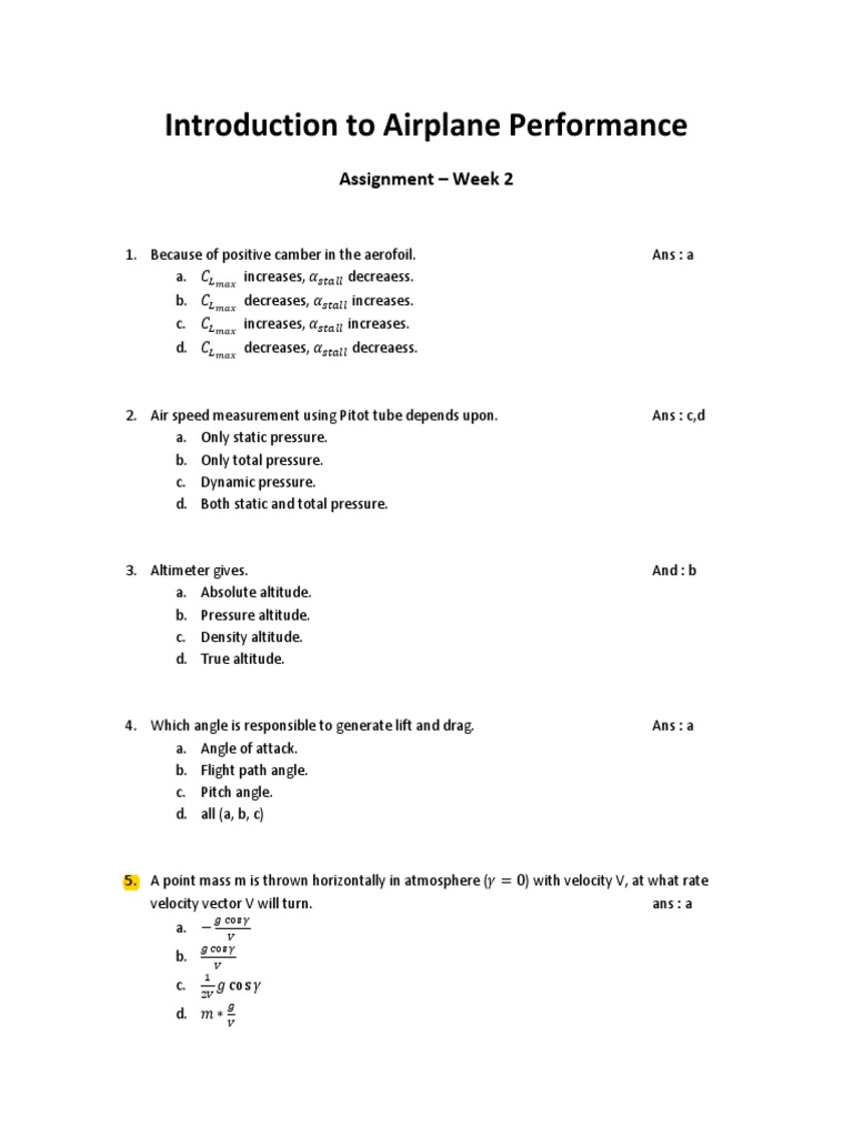 Introduction To Airplane Performance: Assignment - Week 2 | PDF | Airspeed | Altitude