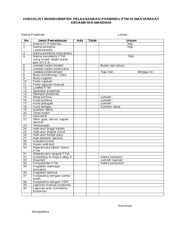 Checklist Monev Posbindu | PDF