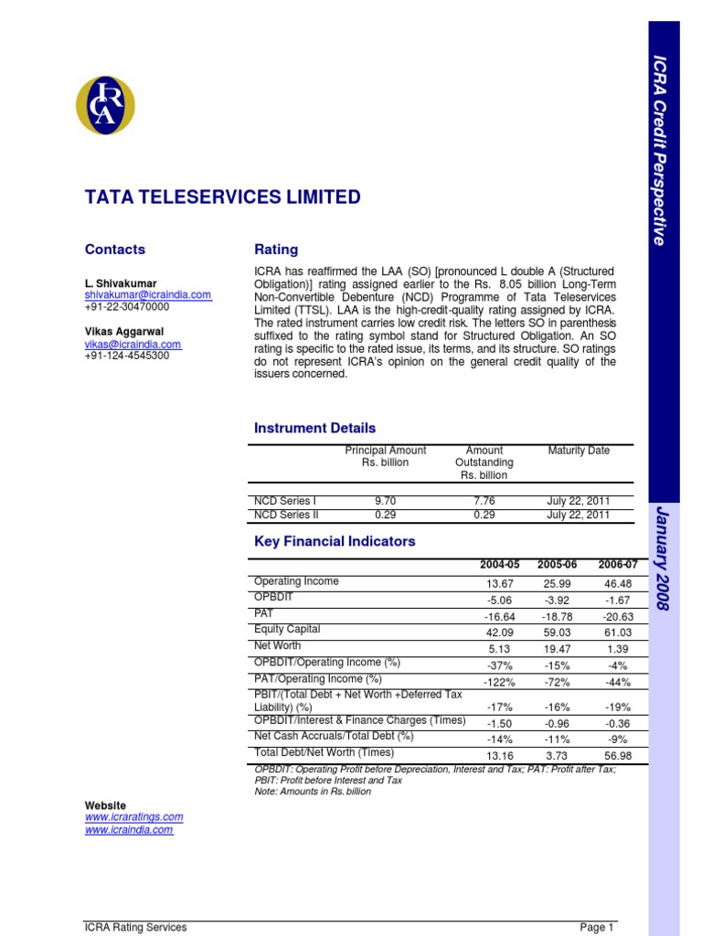 Tata Teleservices Limited: Contacts Rating | PDF | Bonds (Finance ...