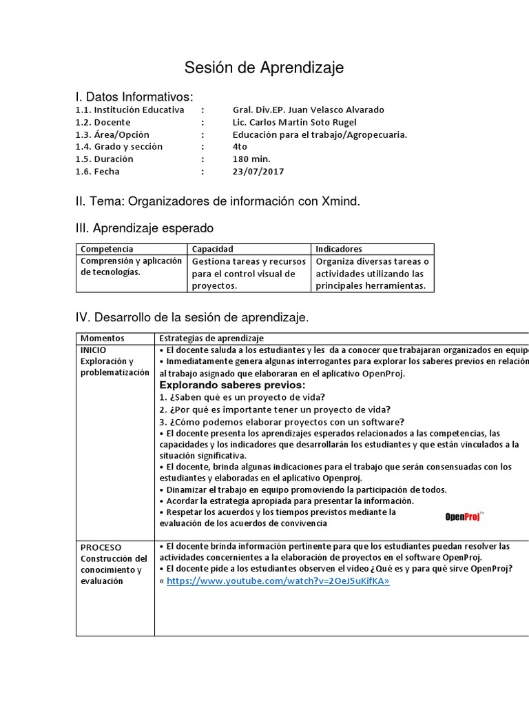 Sesión de Aprendizaje Openproj | PDF | Maestros | Software