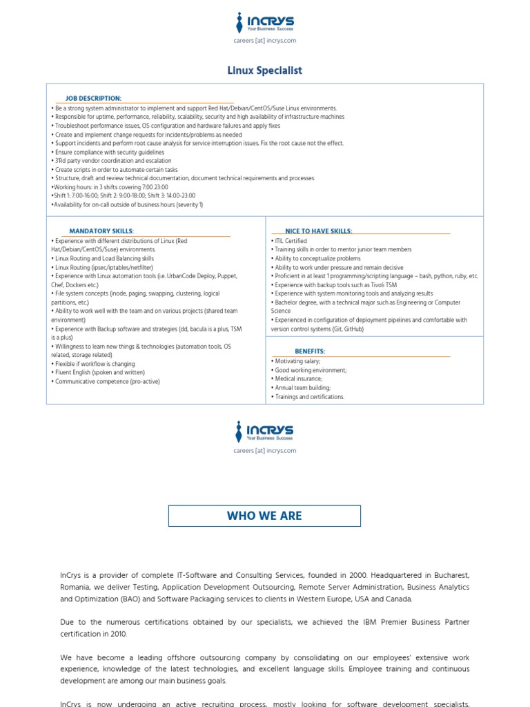 Linux Specialist: Job Description | PDF | Linux | System Administrator