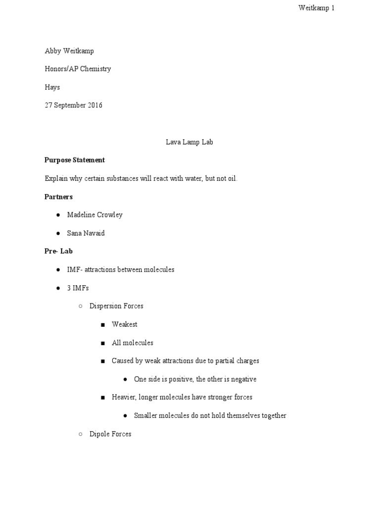 Lava Lamp Lab | PDF | Chemical Polarity | Properties Of Water