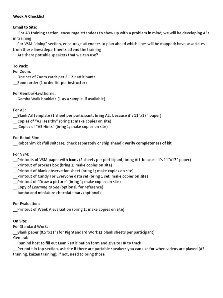 Week A Training Preparation Checklist | PDF | Computers